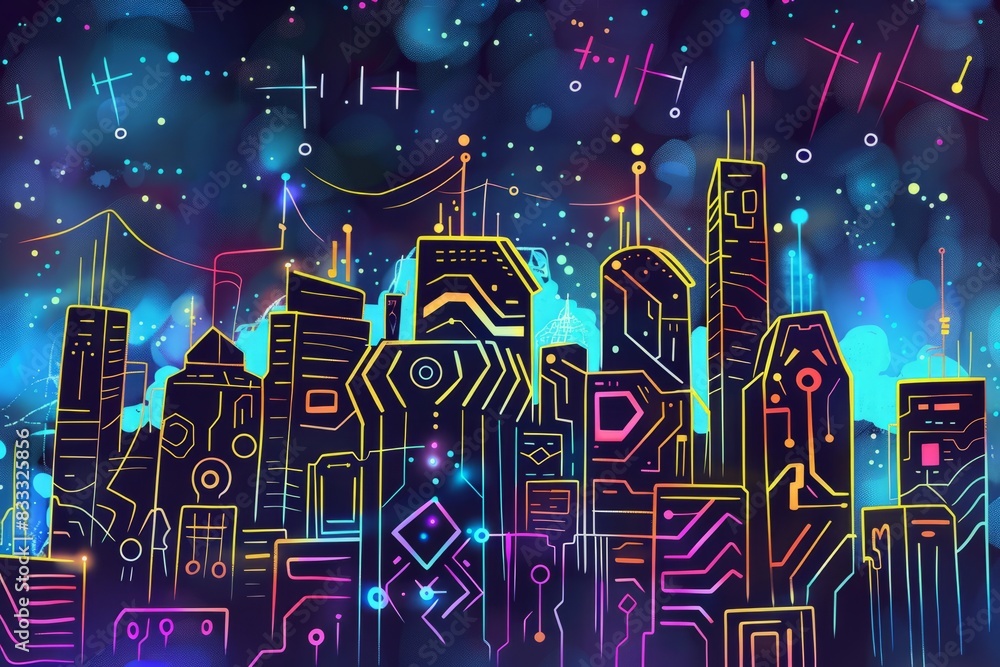 Cartoon cute doodles of a futuristic city skyline with glowing circuit ...
