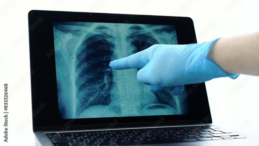 X-ray of the lungs on the computer screen. The doctor shows the patient ...
