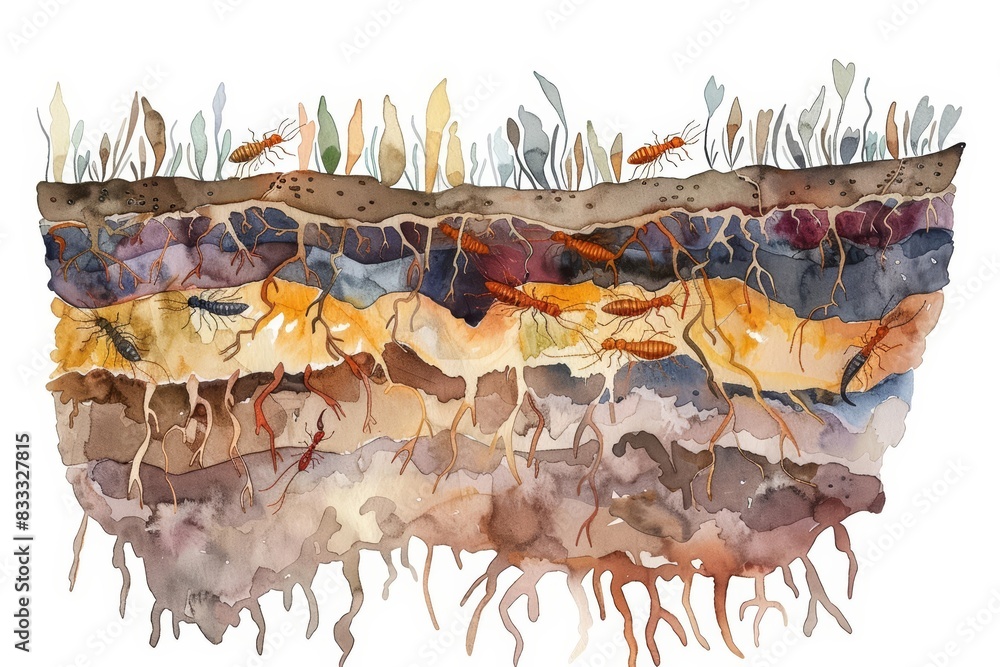 Set of watercolors of termites, building intricate tunnels, in an ...
