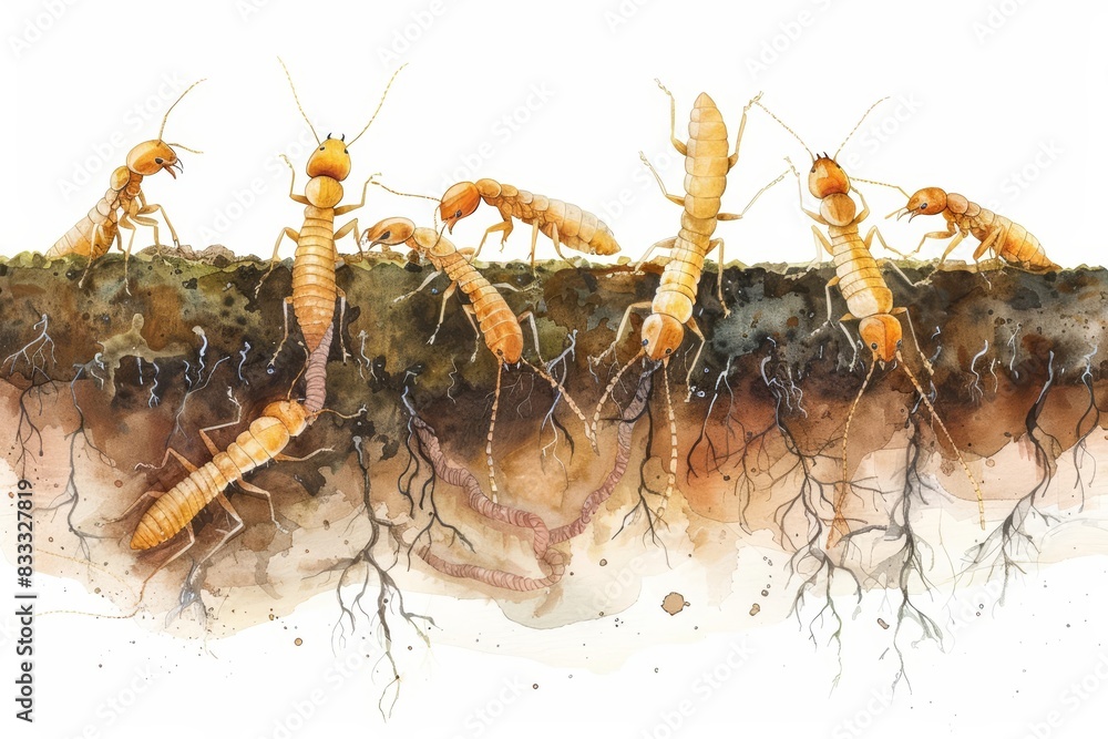 Set of watercolors of termites, building intricate tunnels, in an ...