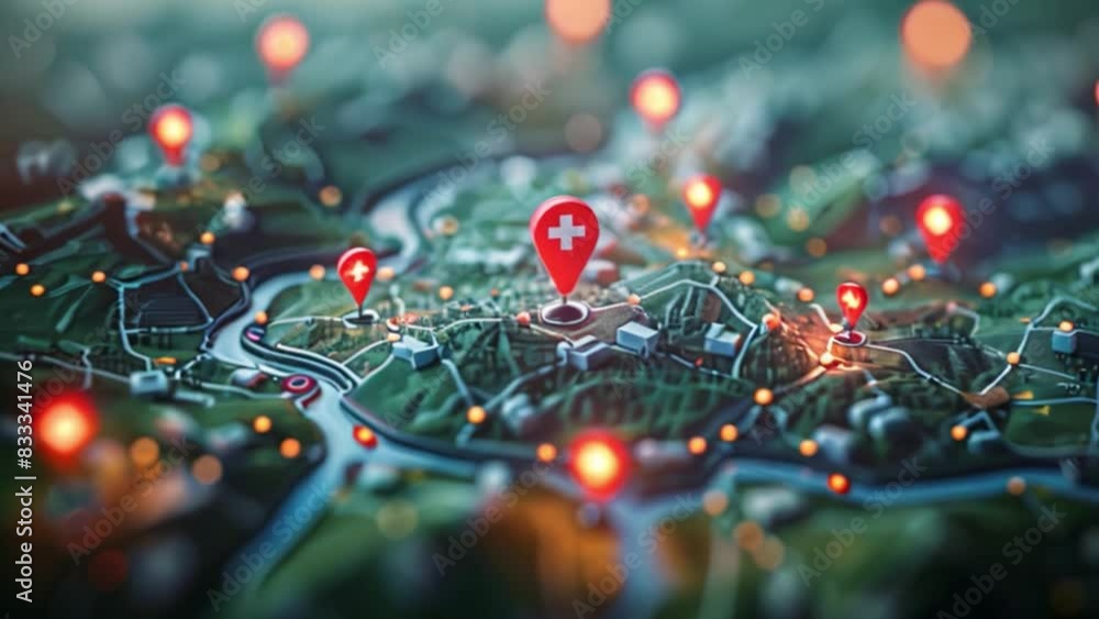 This detailed map with a bright red pin marking a specific location in ...