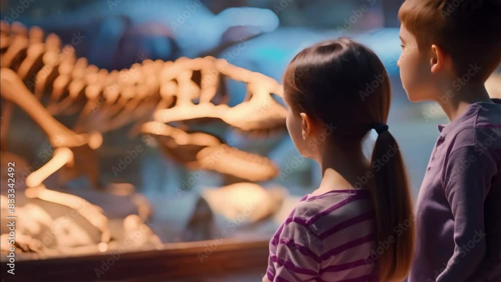 Kids on a field trip explore a prehistoric museum with dinosaur fossils ...