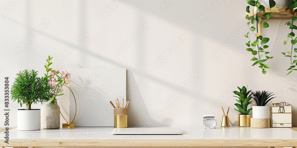 Stylish desk interior with White table background with plant and leaves ...