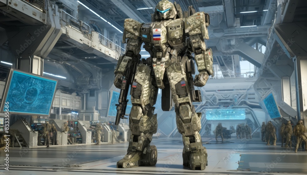 Futuristic military robot in an advanced hangar, equipped with high ...