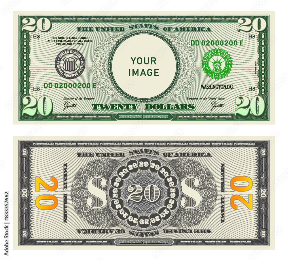Vector highly detailed fictional beautiful 20 US dollar banknote ...