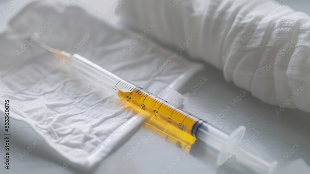 Syringe with a drop on a needle isolated on a white background. A ...