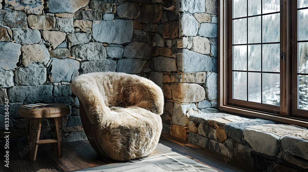 Fur accent barrel chair against window and wild stone cladding wall ...