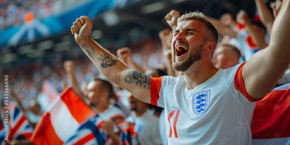 Excited joyful English sports fans cheering at the stadium, vibrant ...