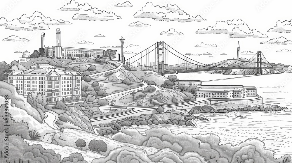 A cityscape coloring page of San Francisco, USA, including the Golden ...