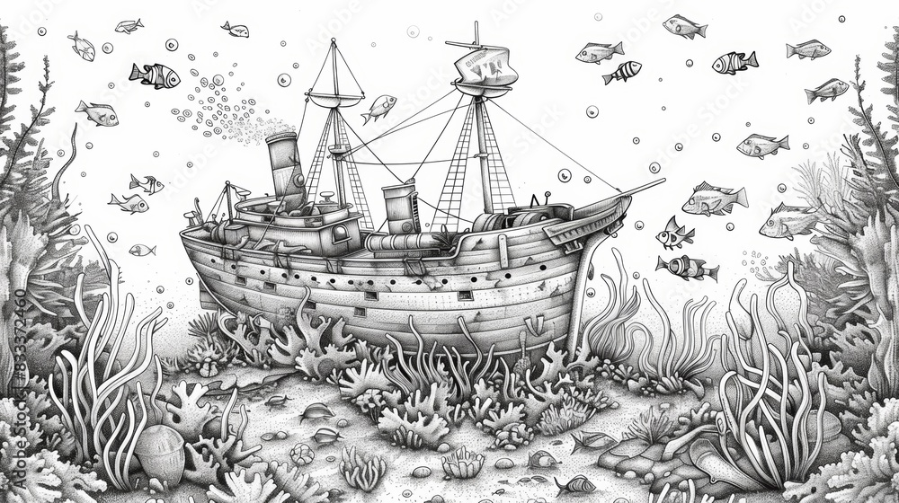 Poster A detailed coloring book page of a shipwreck on the ocean floor ...