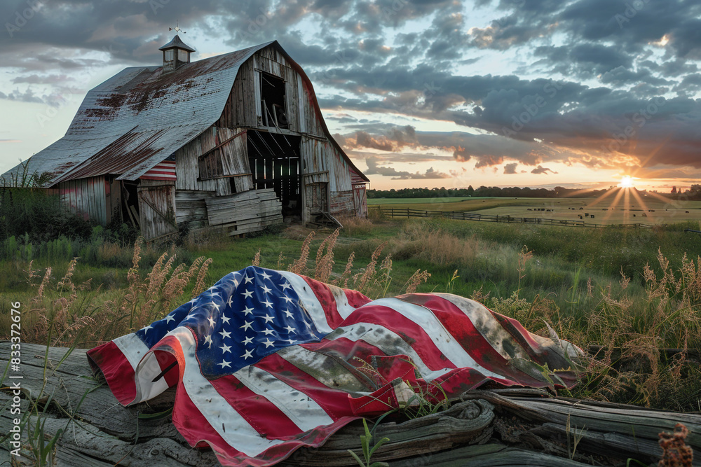 Praying soldier silhouette made from an American flag with a rustic ...