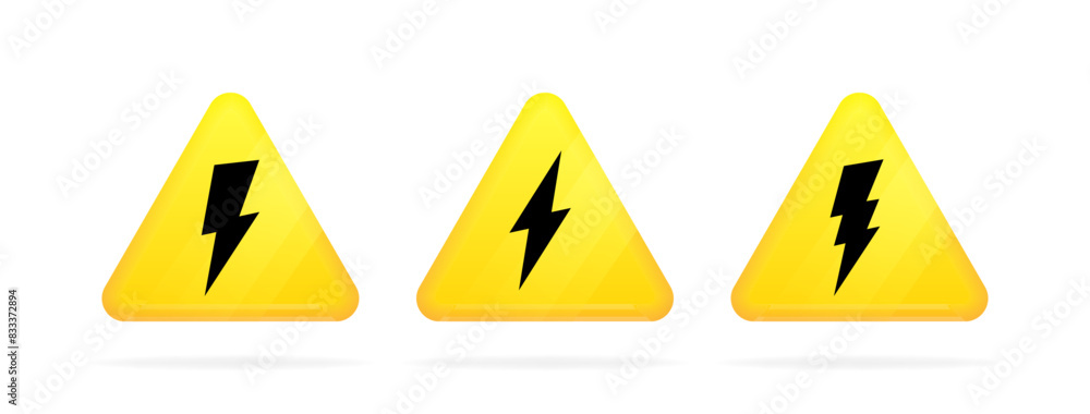 Set of 3d yellow triangle with lightning. Design concept of high ...