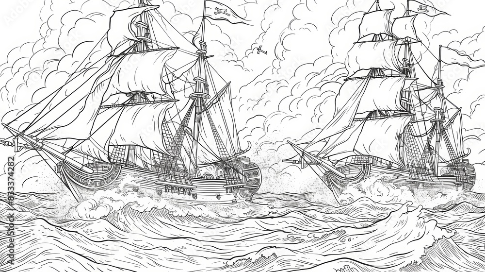 A thrilling coloring page of a pirate battle at sea, with two pirate ...