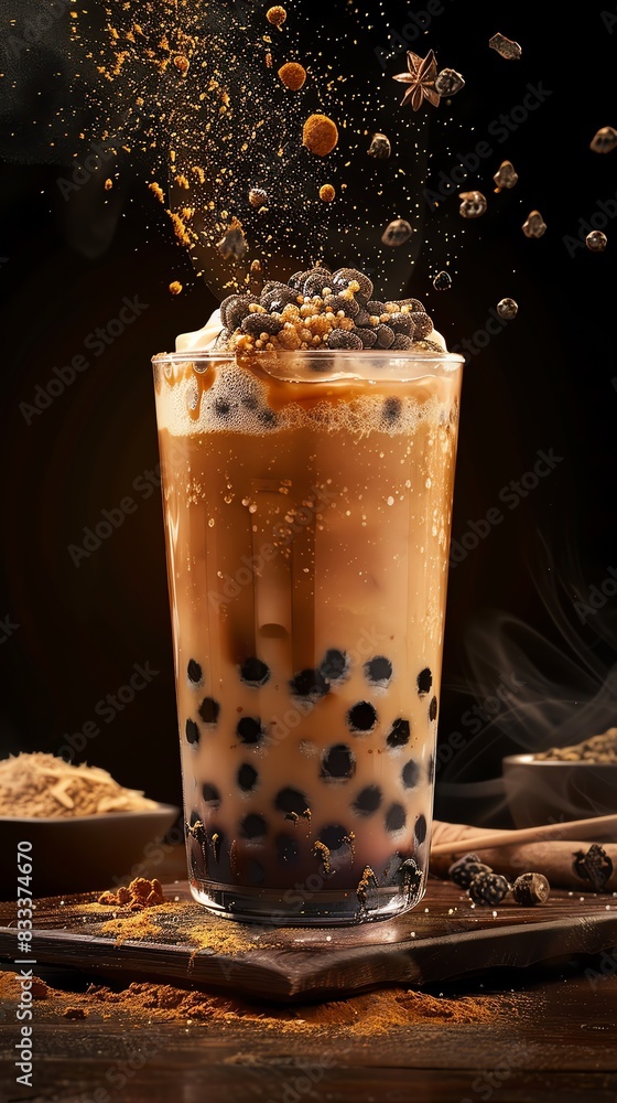 Black sugar boba milk, served in a tall glass with a bustling Taiwanese ...