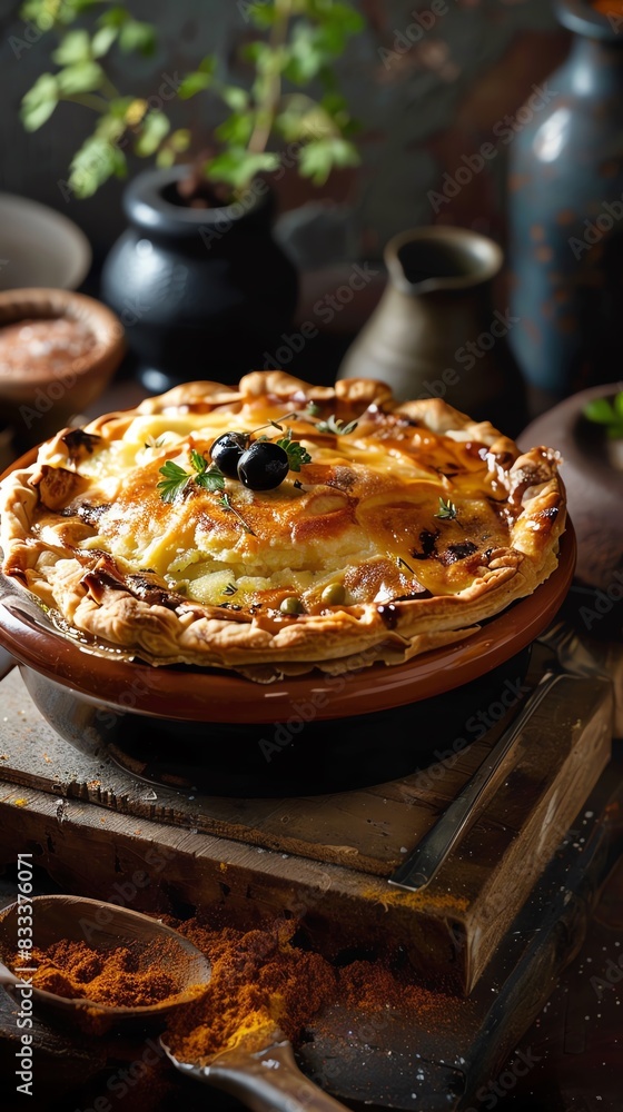 Chilean pastel de choclo, a corn pie with ground beef, chicken, and olives, served in a clay ...