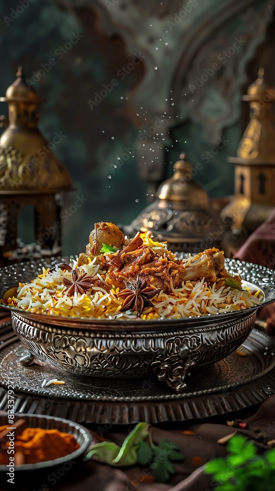 Hyderabadi biryani with fragrant basmati rice, chicken, and aromatic ...