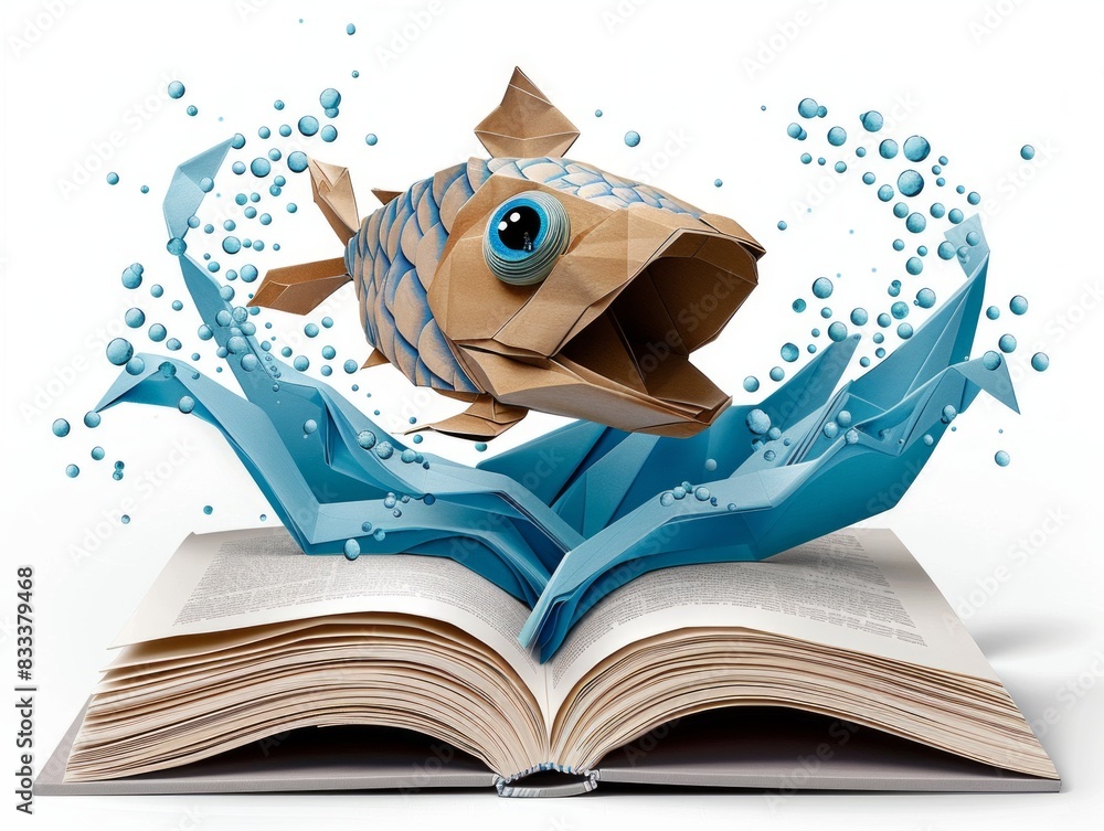 Origami Fish Art Emerging from an Open Book, Unique Paper Craft Design ...