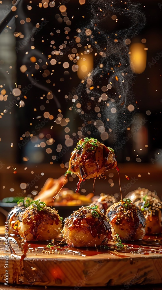 A variety of delicious takoyaki balls, topped withso-su and bonito ...