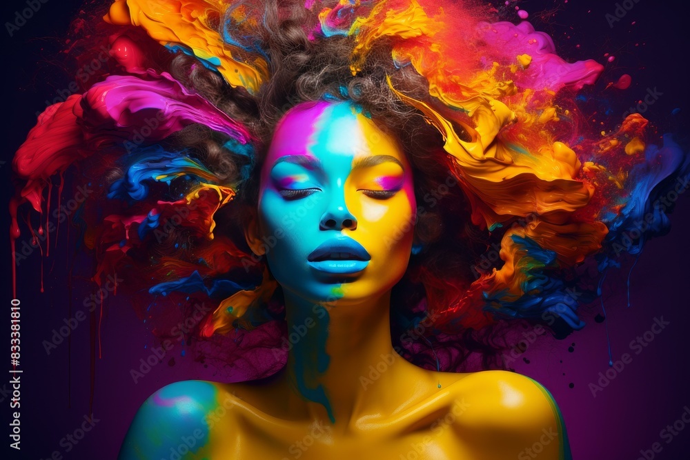 Stunning portrait of a model with vivid body paint amid explosive ...