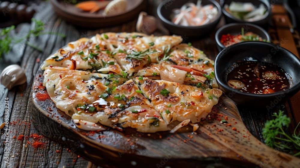 Korean seafood pancake, haemul pajeon, with dipping sauce. A delicious ...