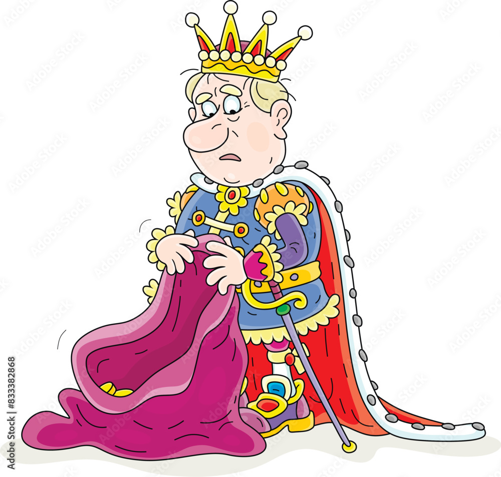 Sad greedy king counting pitiful remains of gold coins in his old money ...