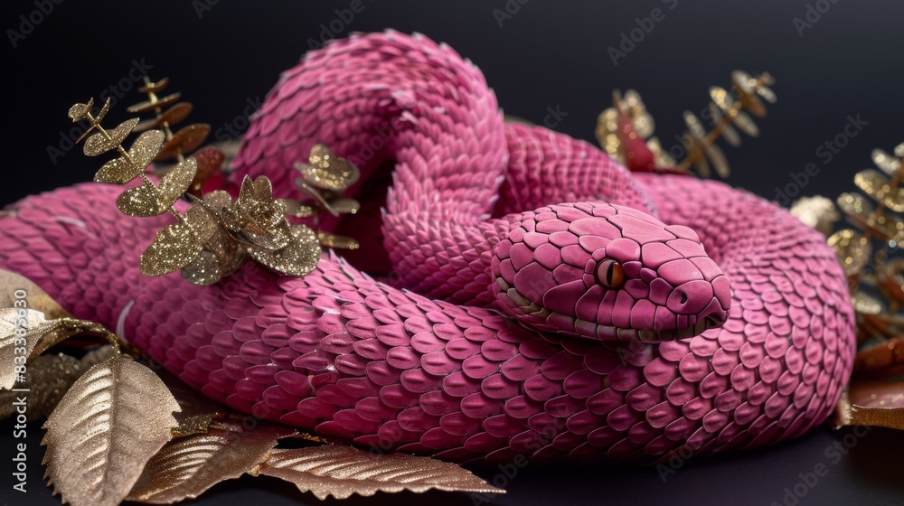 A pink snake is curled up on a leafy green background. The snake is ...