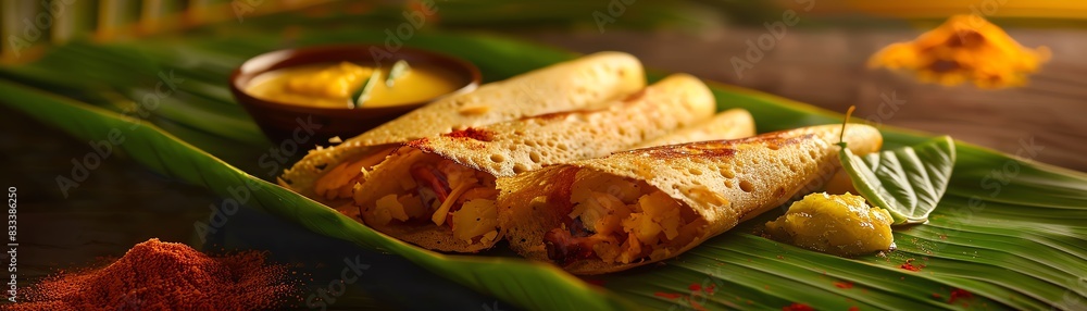 Pesarattu, green gram dosa served with ginger chutney, on a banana leaf ...