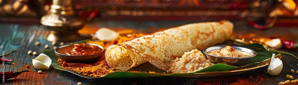 Rava dosa, a crispy semolina crepe, served with sambar and chutneys on ...
