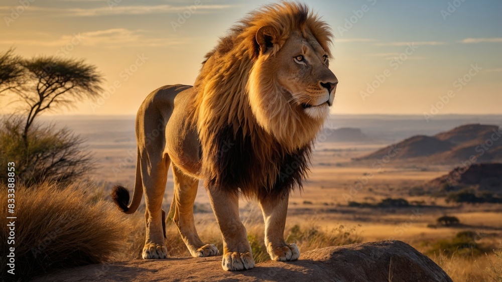 A powerful and majestic male lion with a full mane, standing on a rocky ...