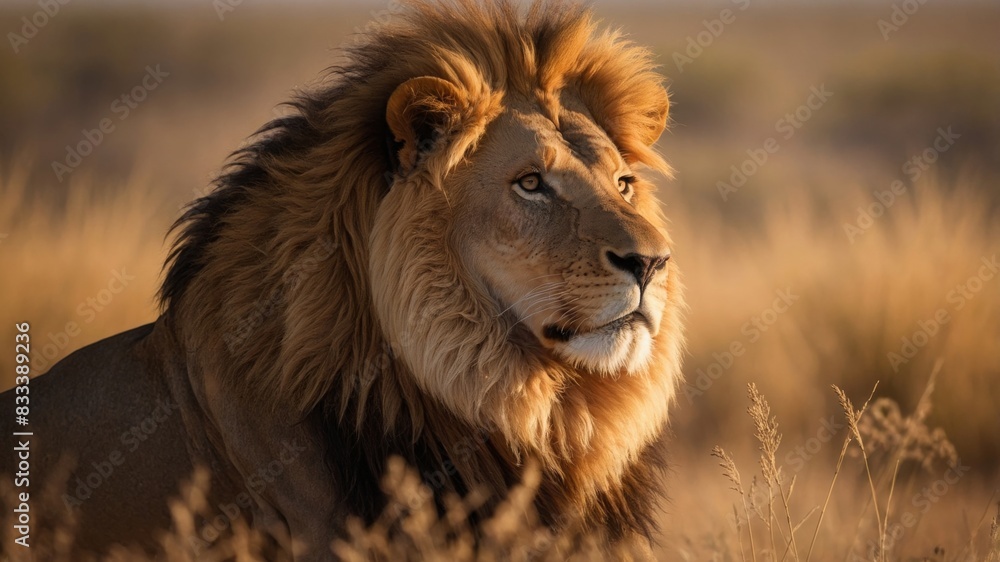 A powerful and majestic male lion with a full mane, standing on a rocky ...