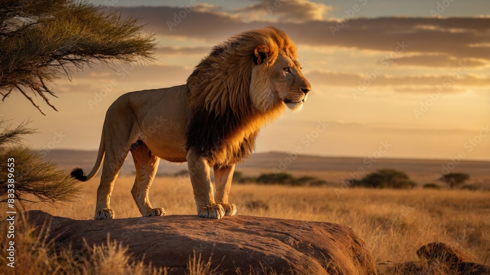 A powerful and majestic male lion with a full mane, standing on a rocky ...
