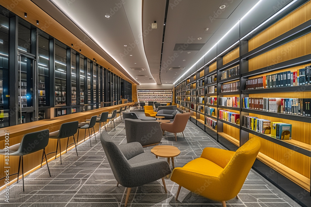 A modern library with AI-powered book recommendations, digital archives ...