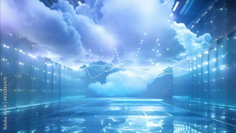 Blue cloud in server room with servers and cables transforming ...