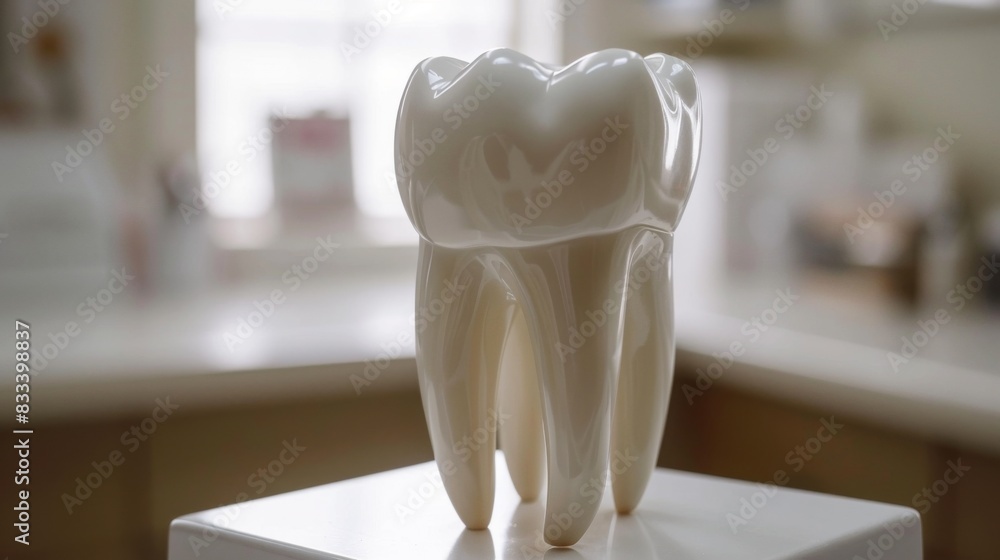A white tooth is displayed on a table. The tooth is in a realistic pose ...