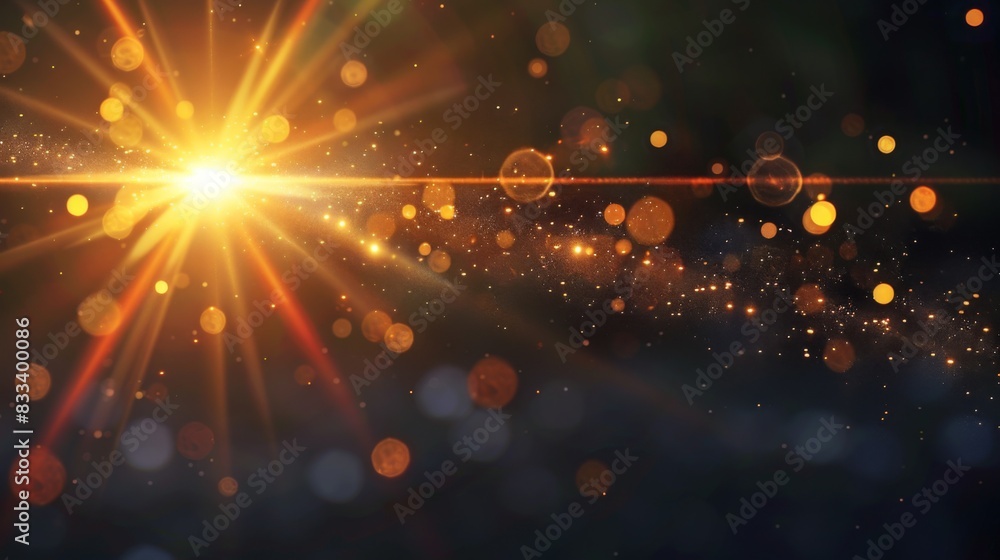 A high-contrast lens flare effect on a deep black background, designed ...