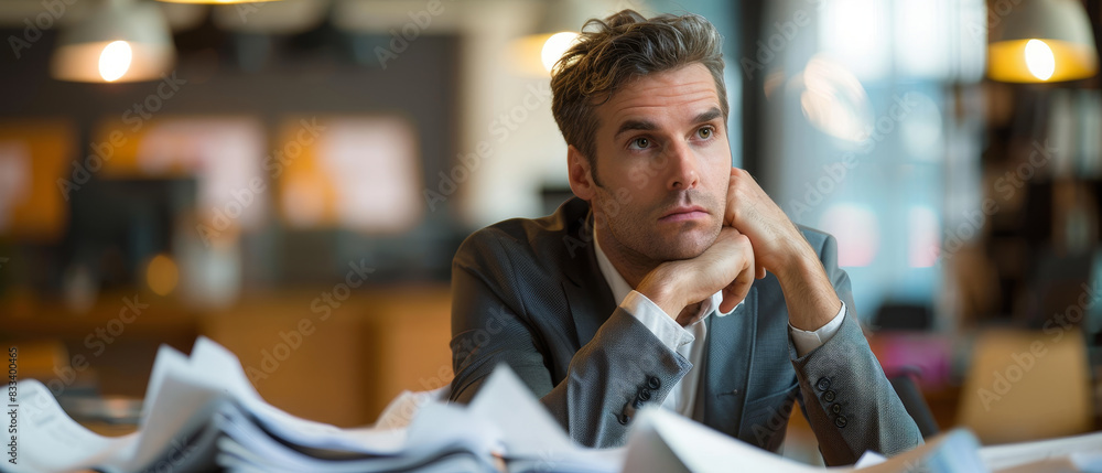 Man in business attire with hand on chin, pondering over documents ...