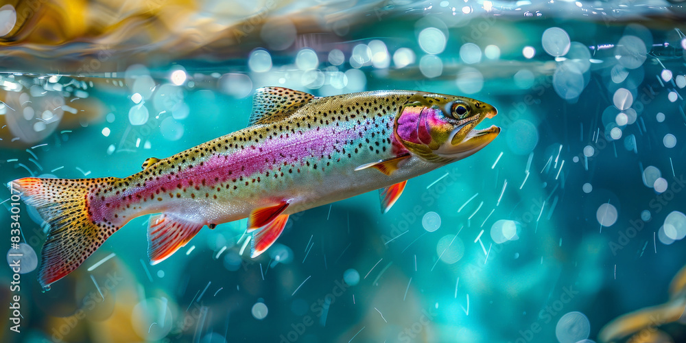A rainbow-colored fish with sparkling water droplets, Vibrant trout ...