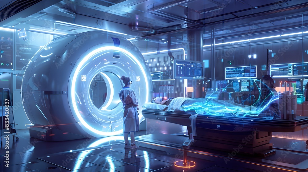 Illustrate a futuristic diagnostic lab with advanced imaging ...