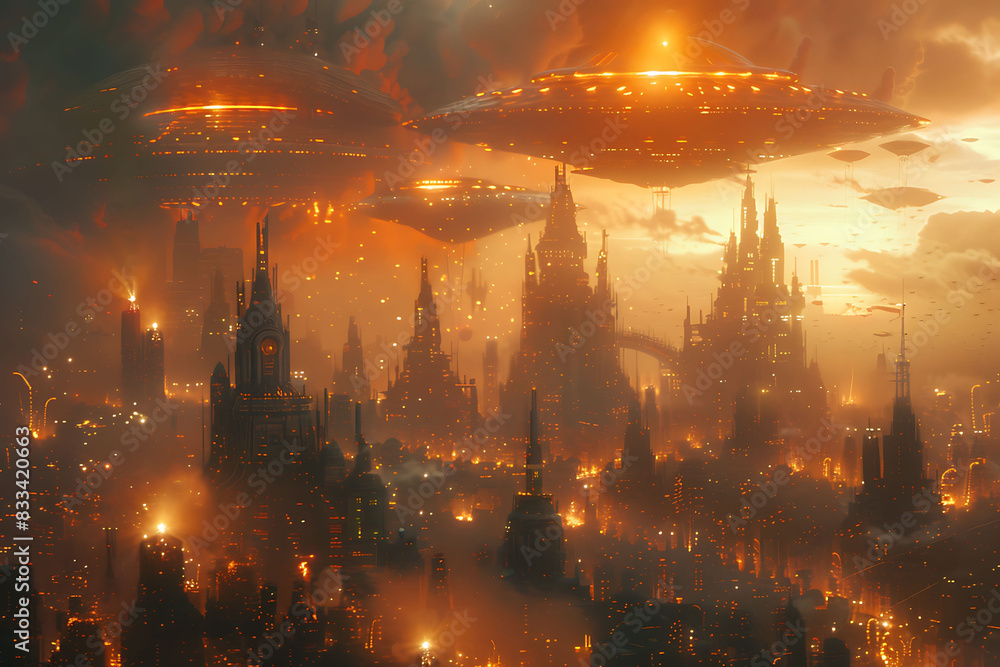 chaotic scene of alien invasion multiple spacecraft descending ...