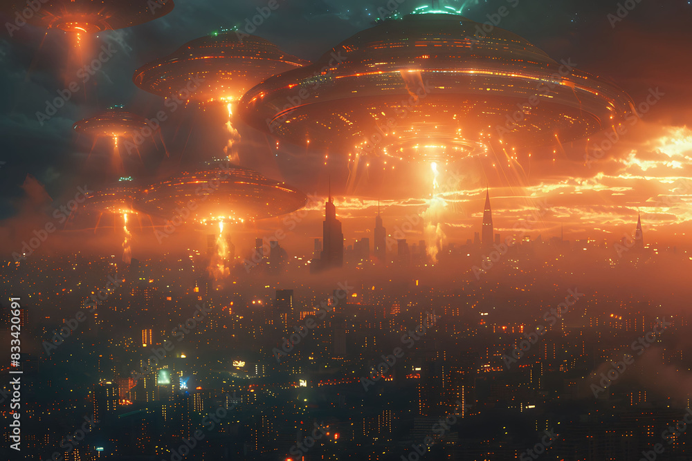chaotic scene of alien invasion multiple spacecraft descending ...