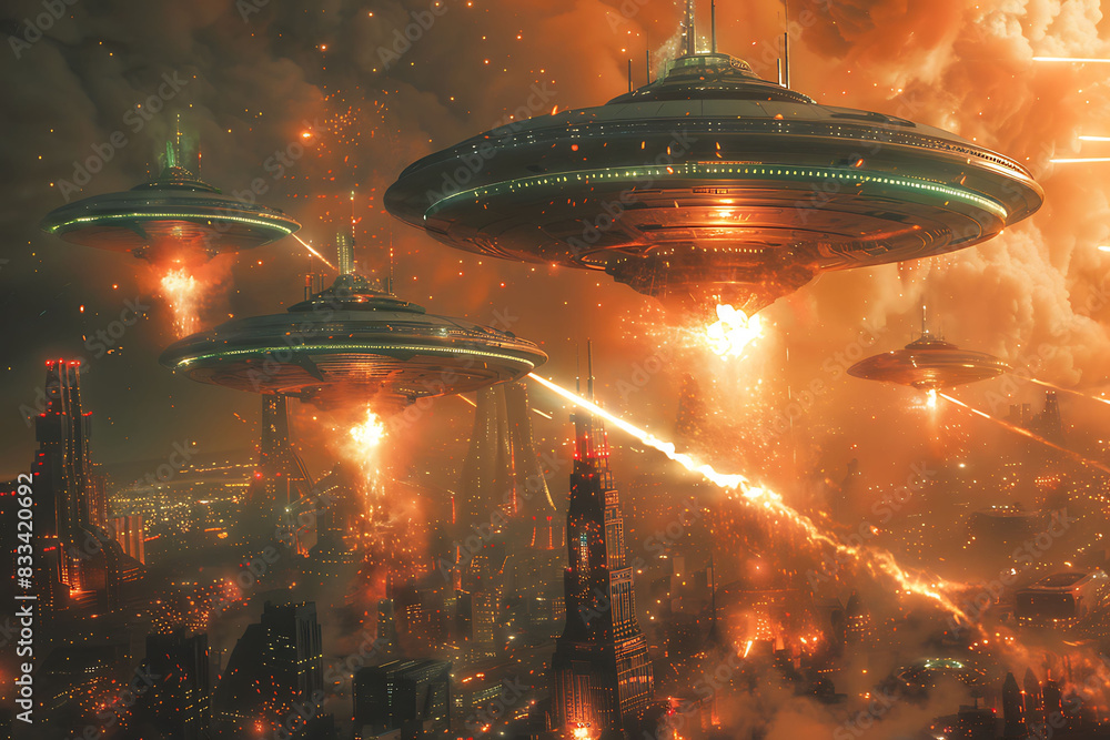 chaotic scene of alien invasion multiple spacecraft descending ...