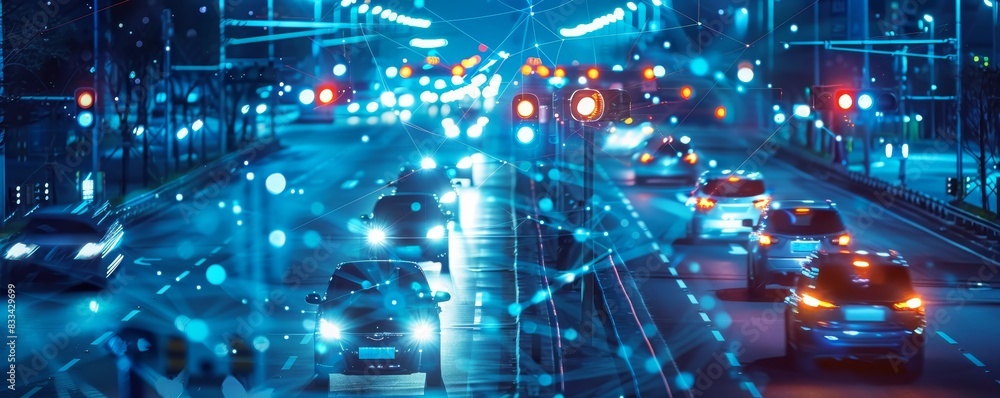 Night city traffic with glowing lights and lens flare effects ...