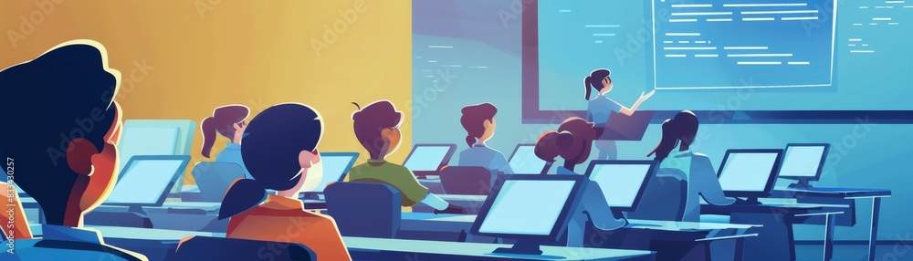 Students attending a lecture in a modern classroom equipped with ...