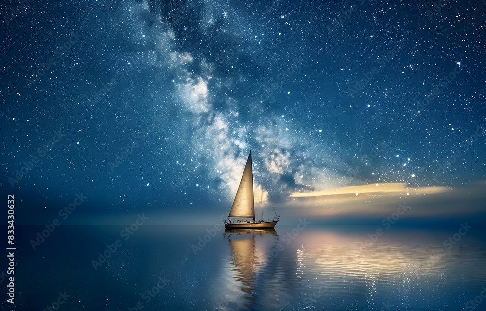 Milkyway starry night sky sailboat floating on the water surface and ...