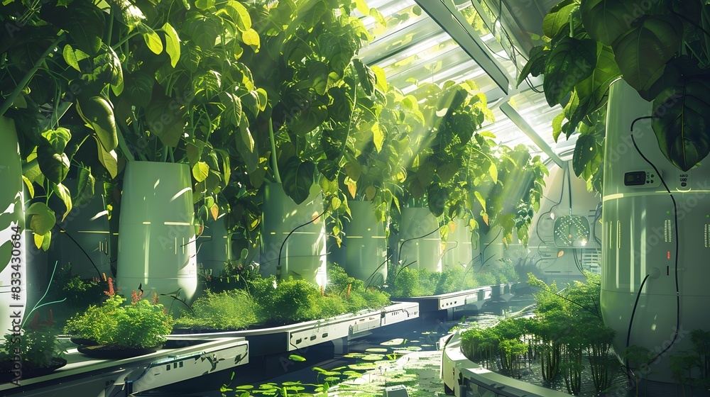 Illustrate an advanced hydroponic farm where plants grow in nutrient ...