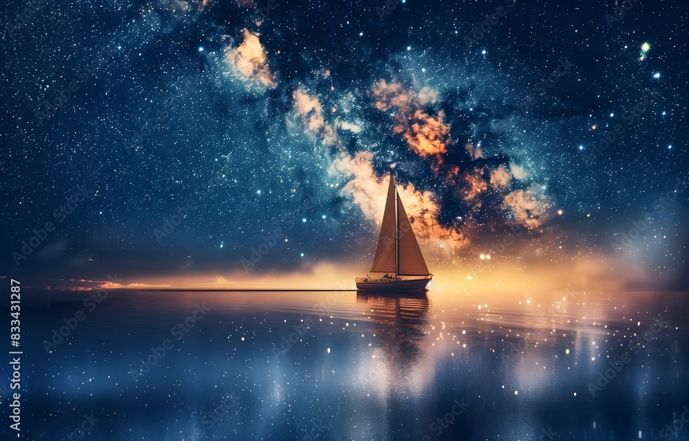 Milkyway starry night sky sailboat floating on the water surface and ...