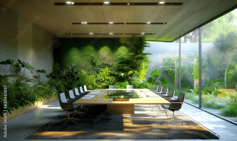 A modern eco-friendly boardroom featuring a long conference table ...
