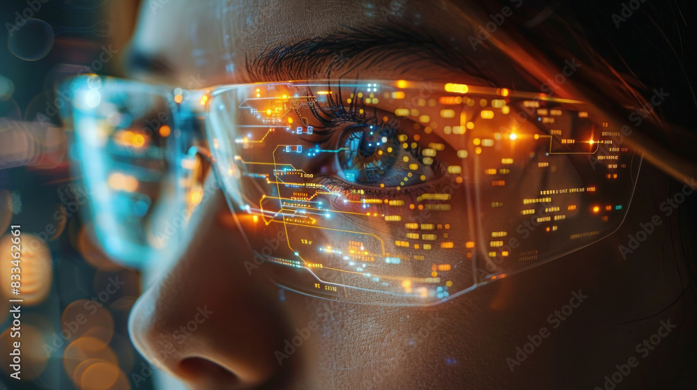 Close-up of an eye with reflective coding glasses, utilizing AI for ...