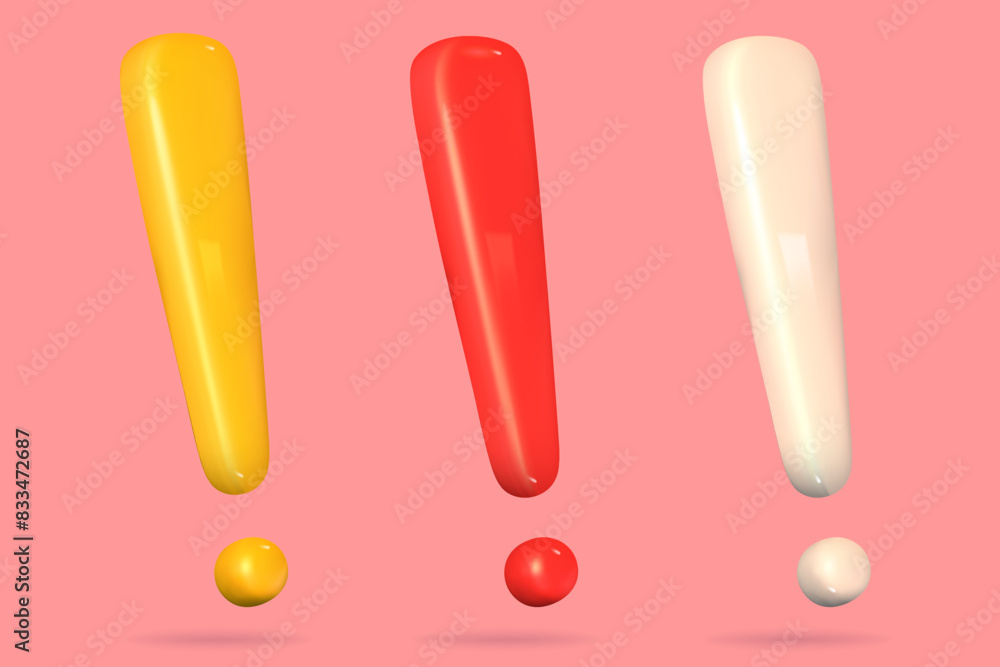 3d White Red Yellow Exclamation Mark Set Isolated On Color Background Alert Or Error Sign 3d