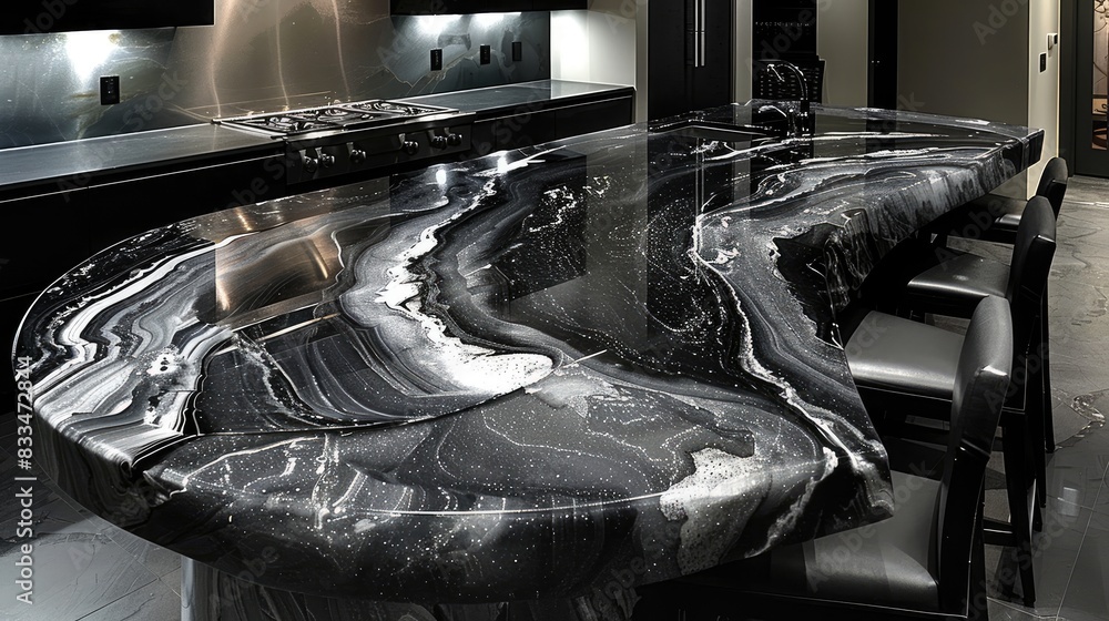 a modern kitchen featuring a stunning epoxy resin countertop in silver ...